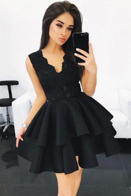 Black Homecoming Dresses,V Neck Homecoming Dress,Lace Homecoming Dress ...
